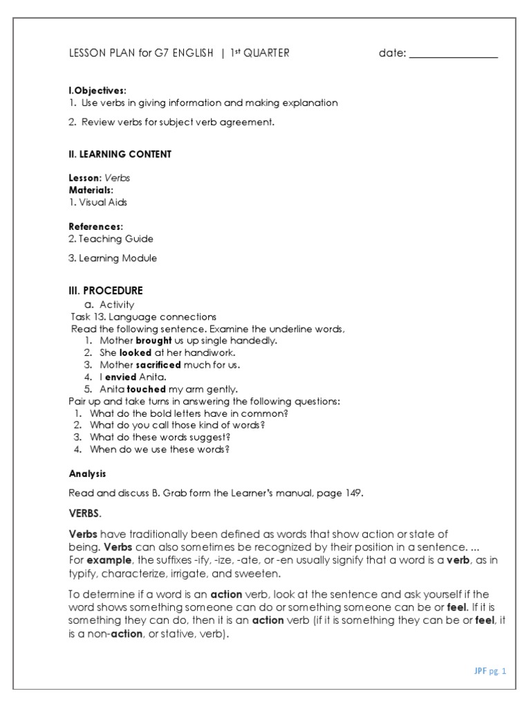 Lesson Plan For G7 English - 1 QUARTER Date | PDF | Verb | Word