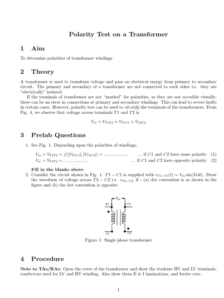 Polarity Test On A Transformer 1 Aim: M T1T2 T 1C1 T 2C2 | PDF ...