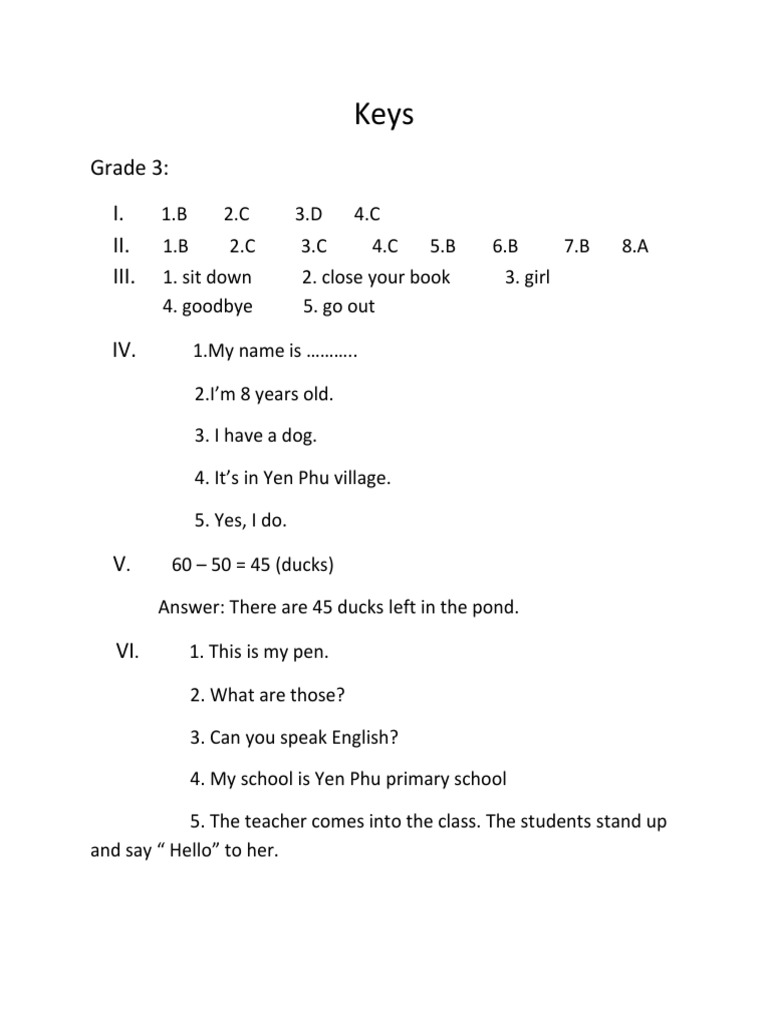 Grade 3-4 English Answer Keys | PDF
