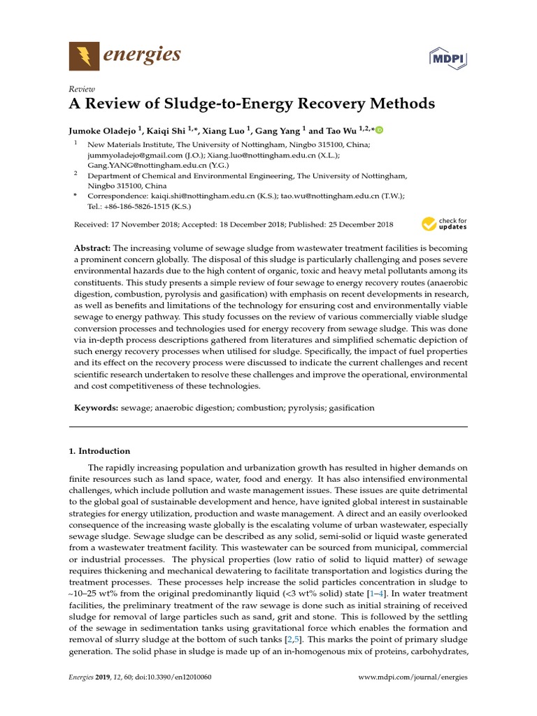 Energies: A Review of Sludge-to-Energy Recovery Methods | PDF ...