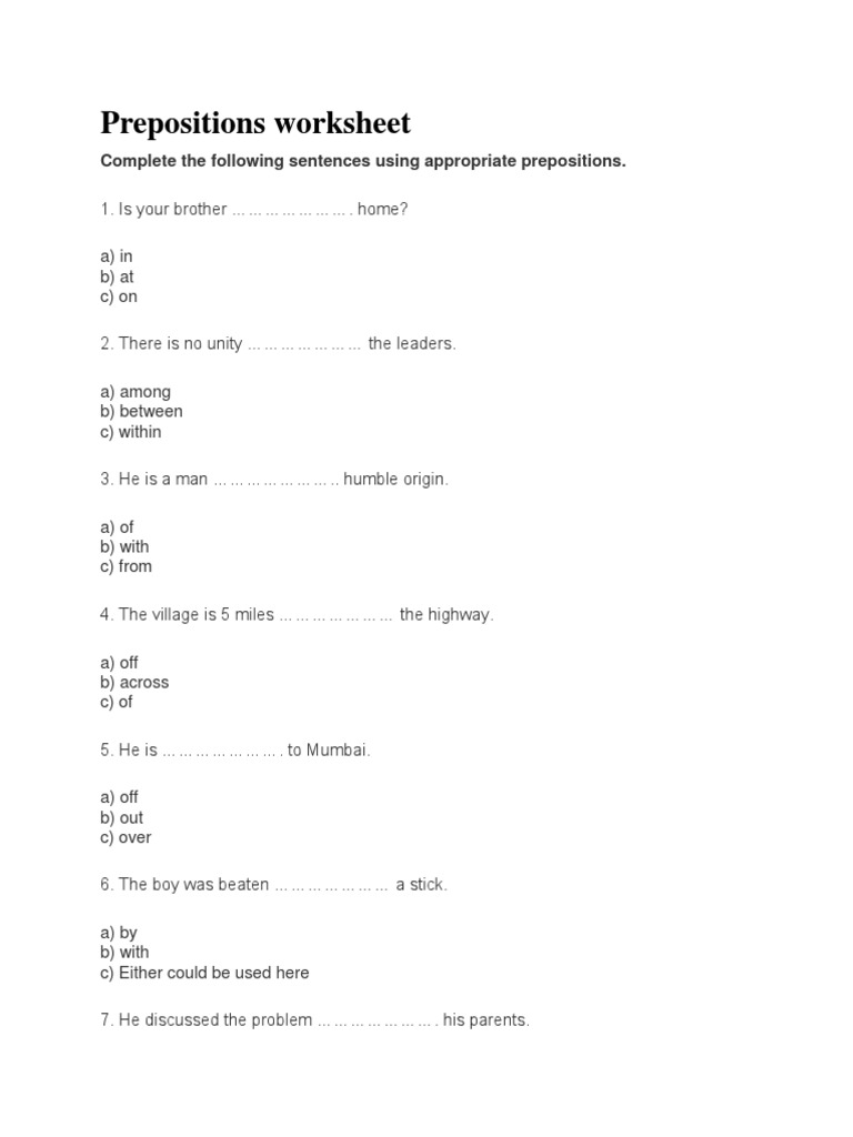 Prepositions Worksheet: Complete The Following Sentences Using ...