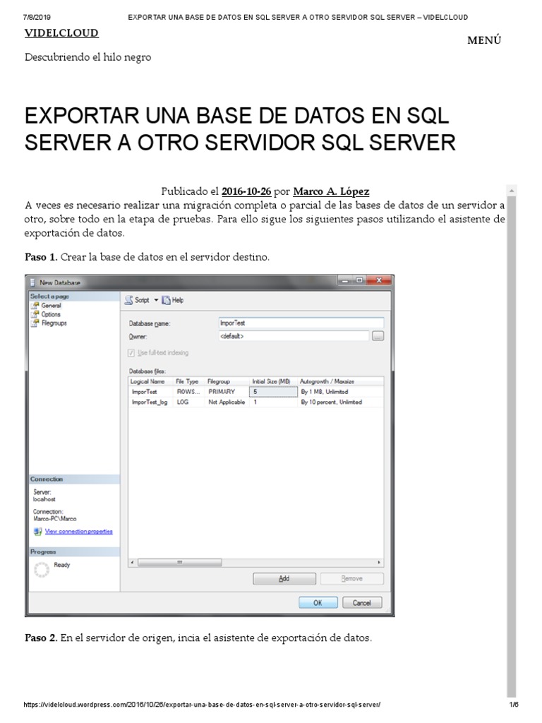 Exportar Una Base De Datos En Sql Server A Otro Servidor Sql Server Videlcloud Pdf Pdf