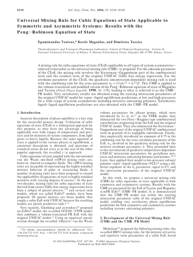Mixing Rule For Cubic Equations of State | PDF | Chemical Equilibrium ...