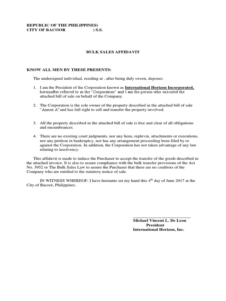 Bulk Sales | Download Free PDF | Affidavit | Bankruptcy