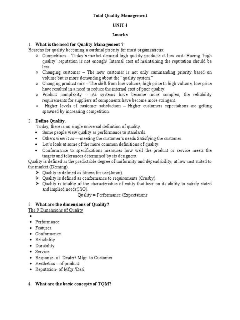 Total Quality Management Unit I 2marks | Download Free PDF | Quality Management System | Quality ...