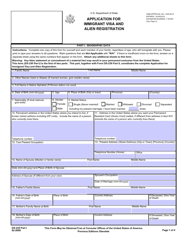 Immigrant Visa Application Form DS 230 | PDF | Social Security Number | Travel Visa