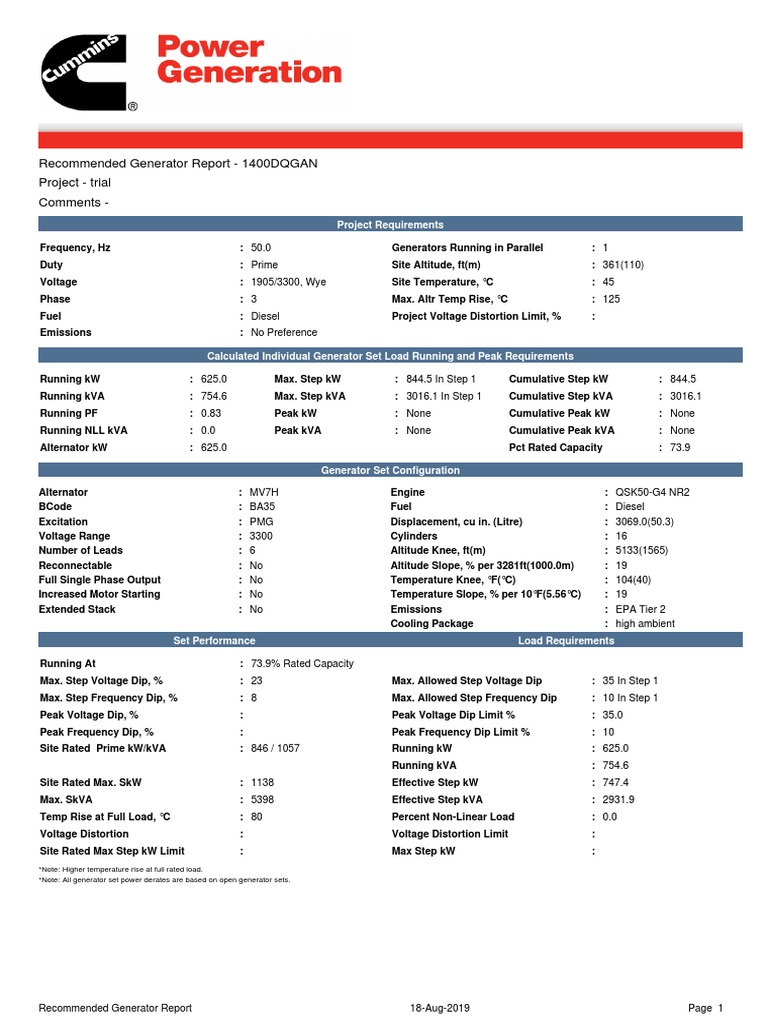 Recommended Generator Configuration and Performance for a 625 kW Prime ...