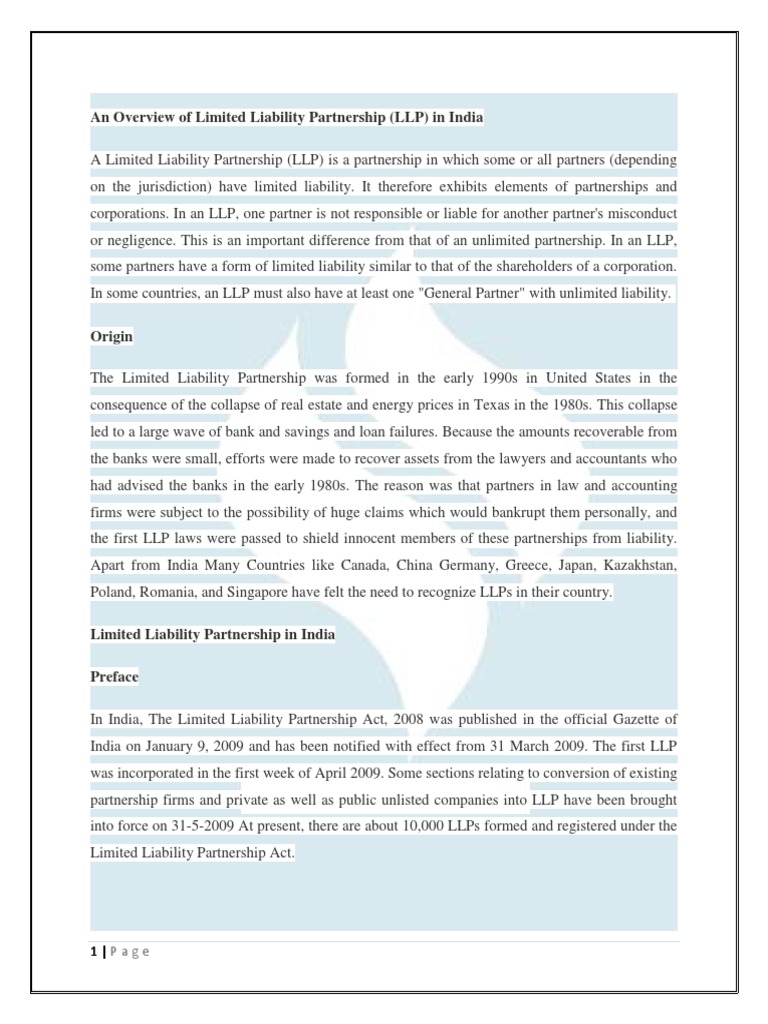An Overview of Limited Liability Partnership (LLP) in India | PDF ...