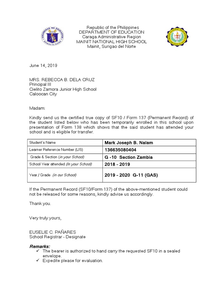 Request For SF10 SHS | PDF | Schools
