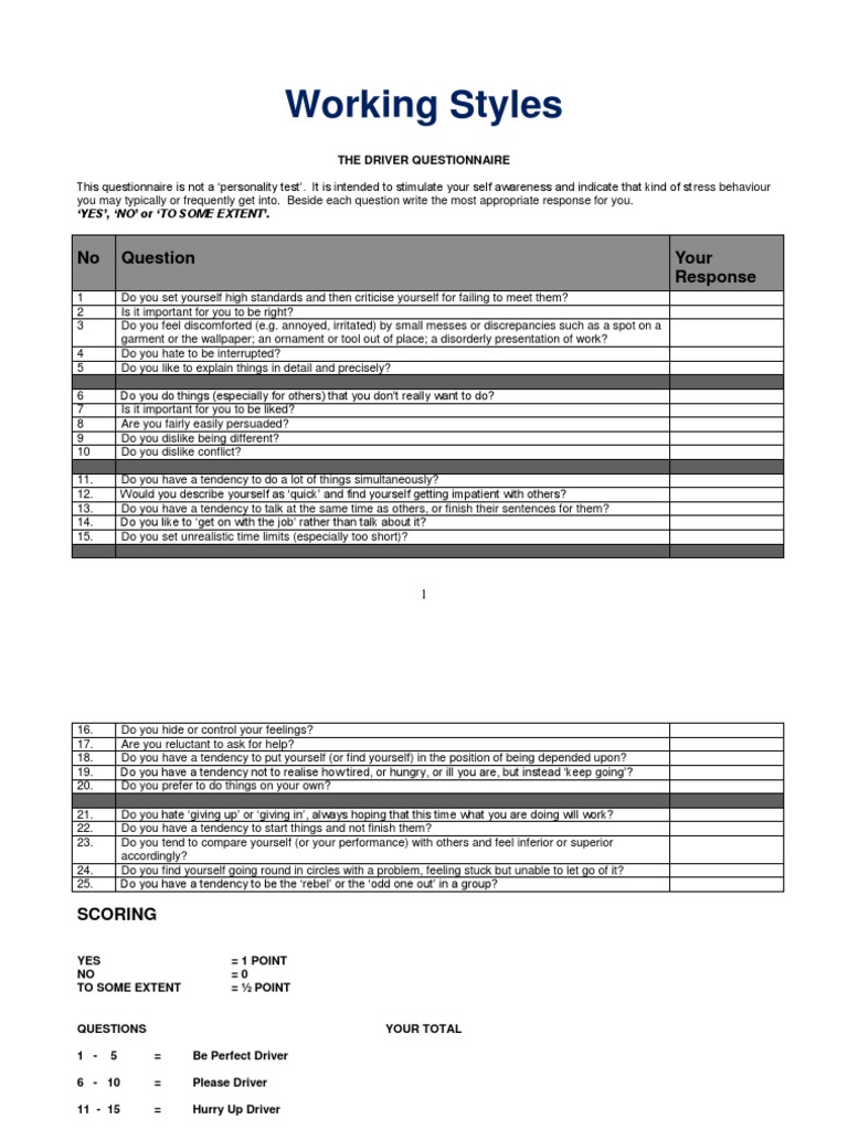 Drivers Working Styles Questionairre and Summary | PDF | Clinical ...