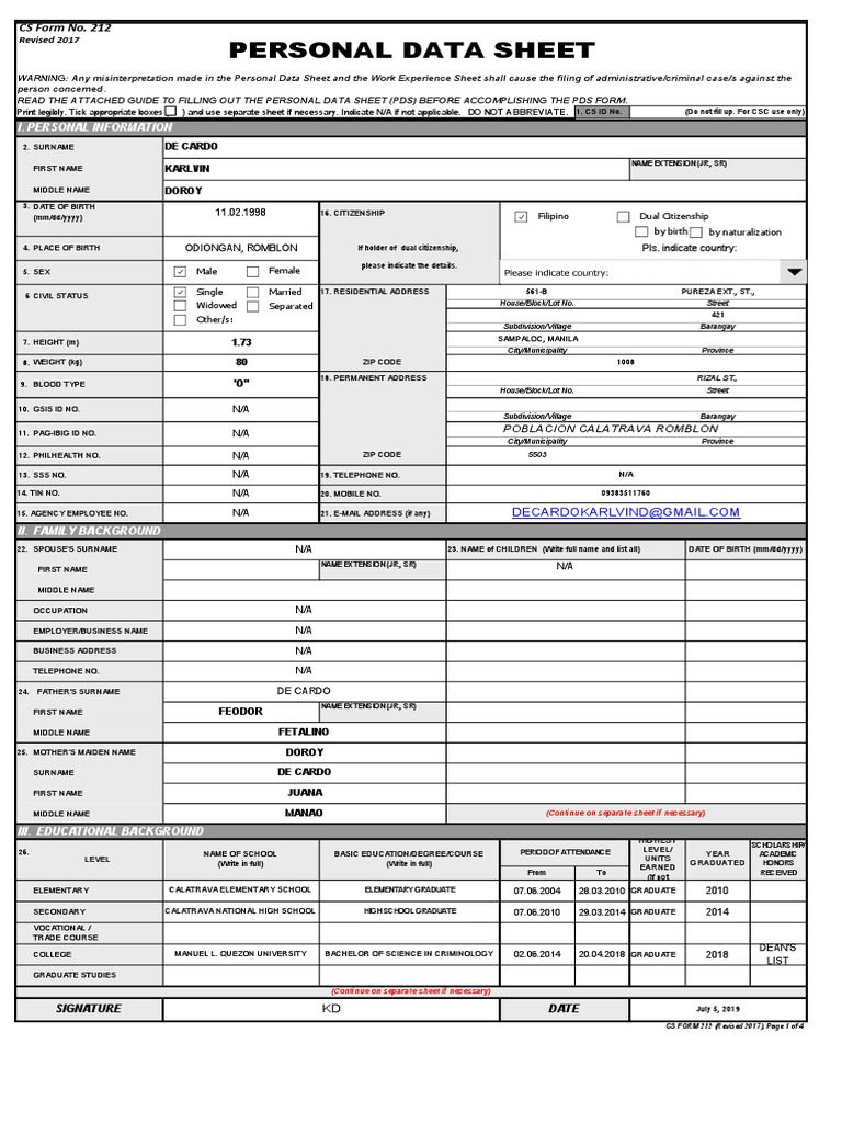 Personal Data Sheet: de Cardo | PDF | Employment | Government