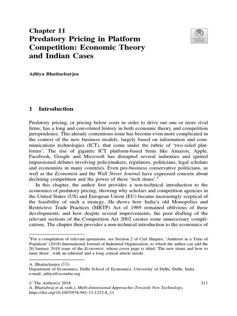 Predatory Pricing in Platform Competition: Economic Theory and Indian ...