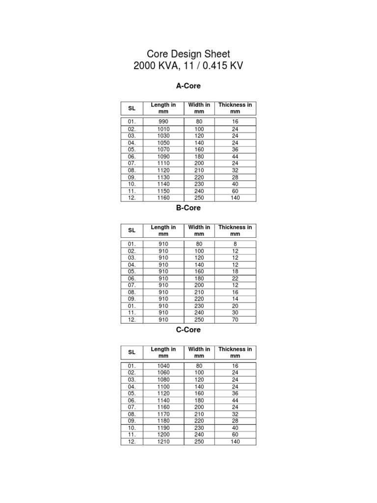 Core Design Sheet 2000 KVA, 11 / 0.415 KV | PDF | Transformer ...