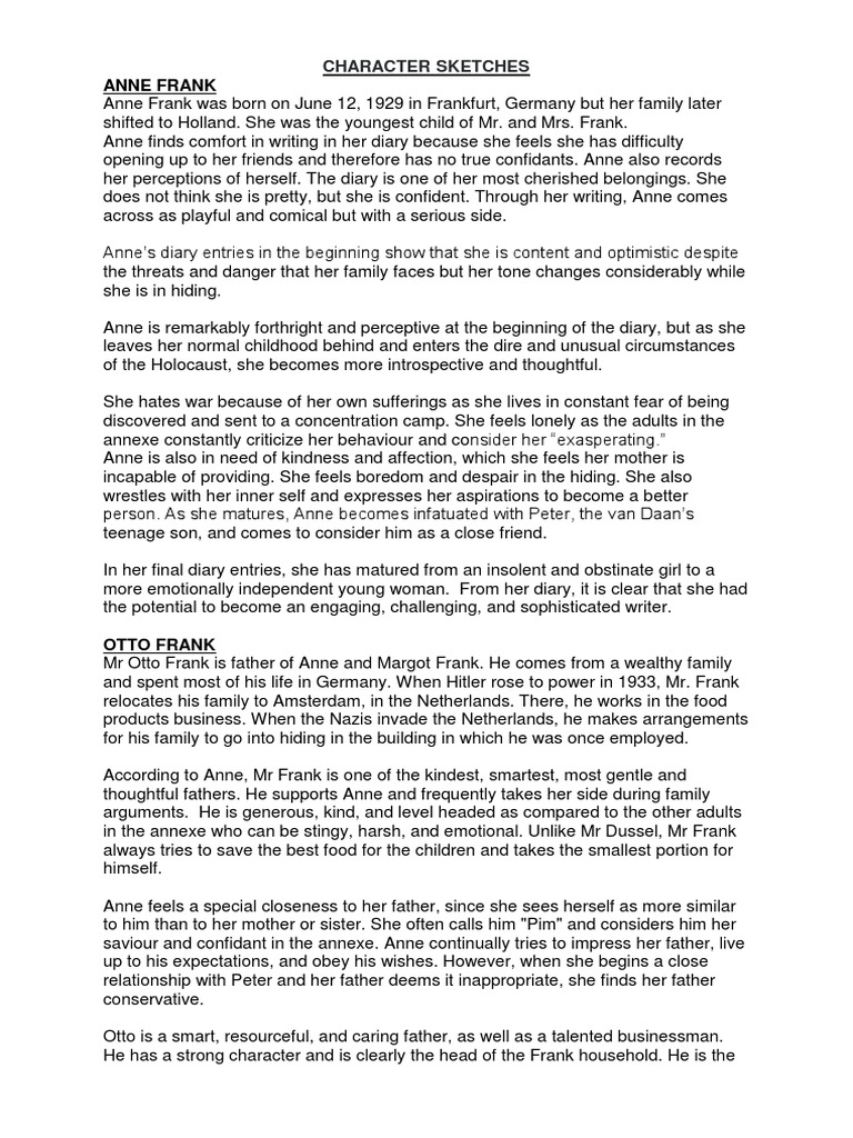 Anne Frank: Character Sketches | PDF | Anne Frank