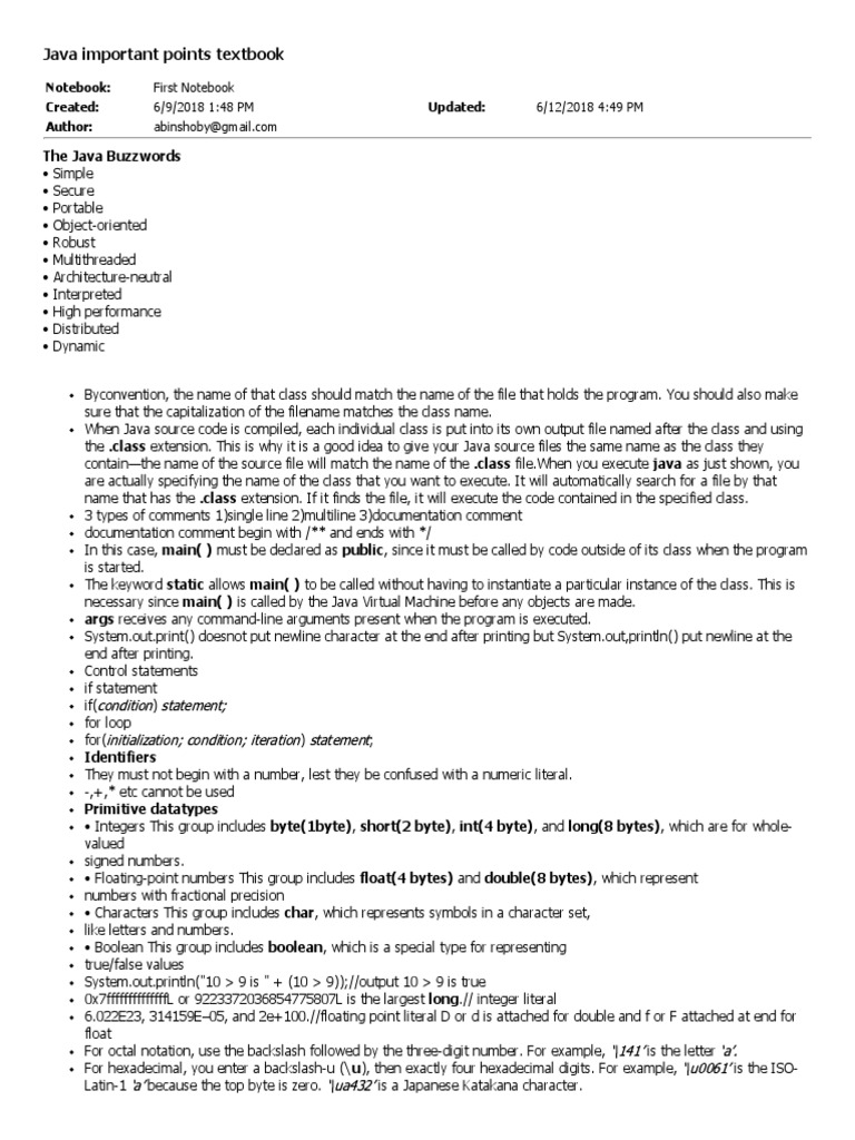 Java Important Points Textbook: Notebook: First Notebook Created: 6/9 ...