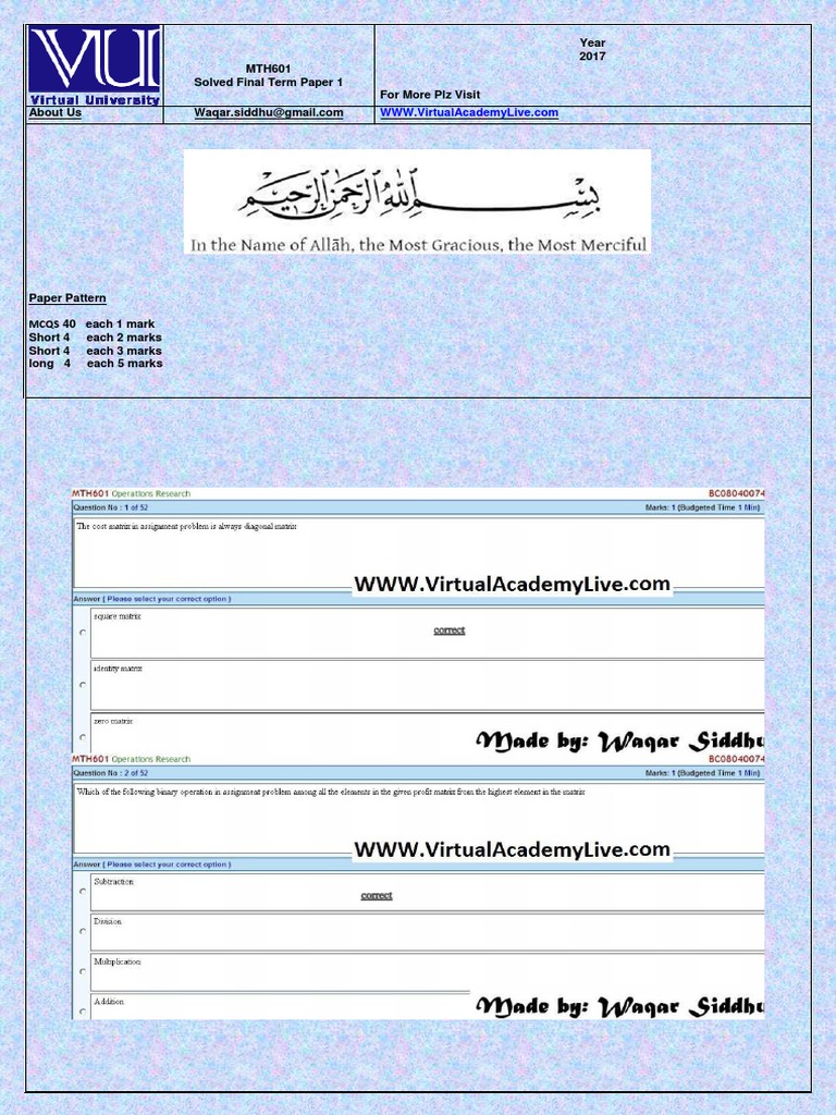 MTH601 Orignal Solved Final Term Papers Made by Waqar Siddhu 1 | PDF MTH601 Orignal Solved Final Term Papers Made by Waqar Siddhu 1 | PDF