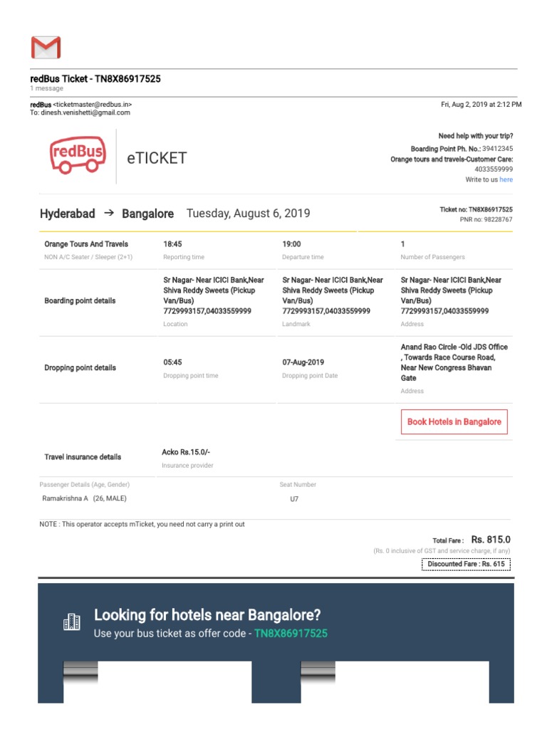 Gmail - RedBus Ticket - TN8X86917525 | PDF | Ticket (Admission) | Bus
