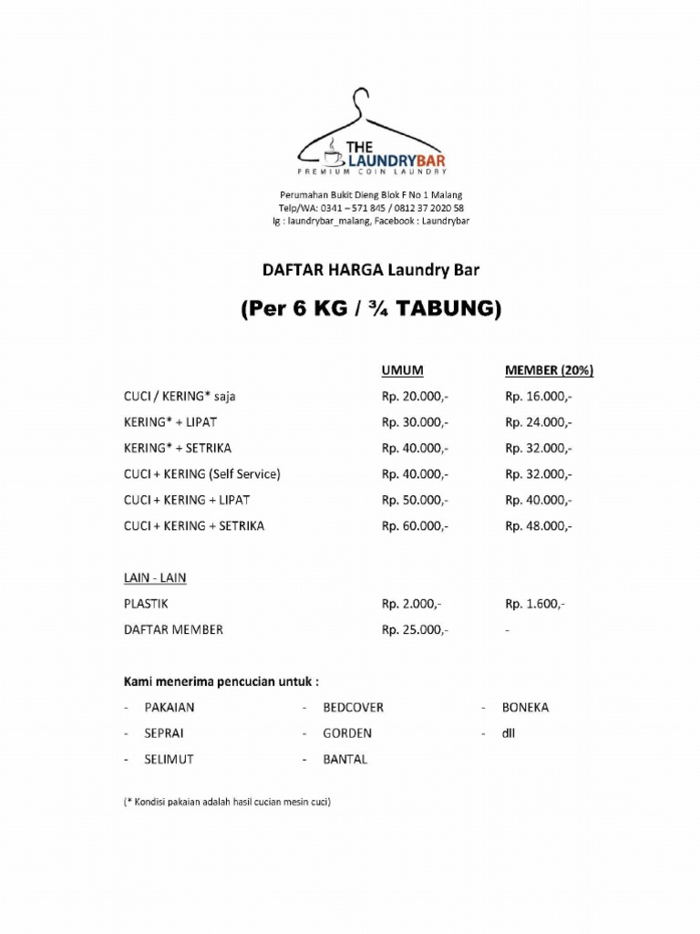 Daftar Harga Laundry Bar | PDF