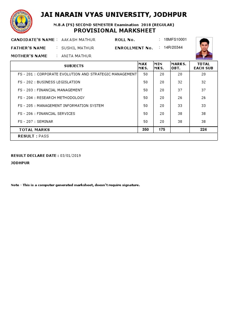 MBA Provisional Marksheet - JNVU Jodhpur | PDF