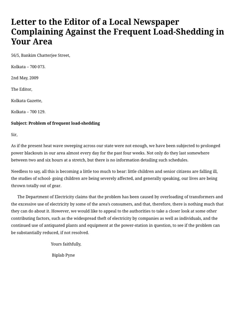Letter To The Editor of A Local Newspaper Complaining Against The Frequent Load-Shedding in Your ...