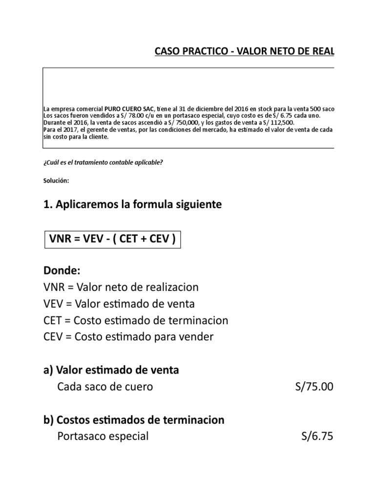 Aplicaremos La Formula Siguiente VNR Vev - (Cet + Cev) | PDF ...