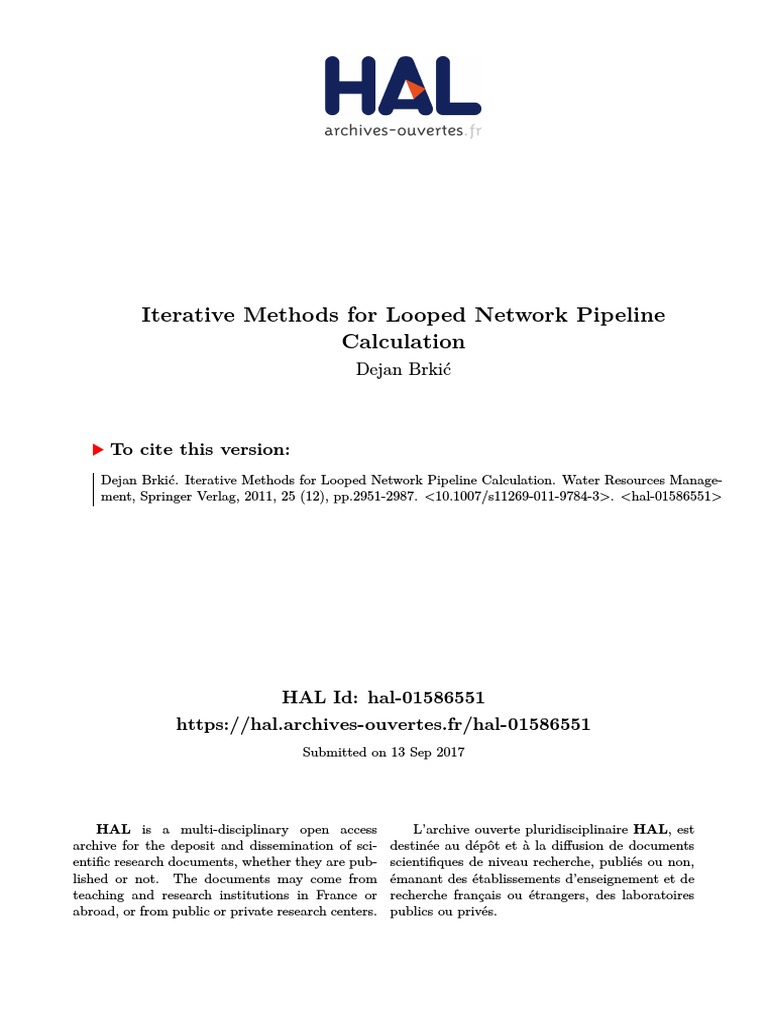 Iterative Methods For Looped Network Pipeline Calculation: To Cite This Version | PDF | Fluid ...