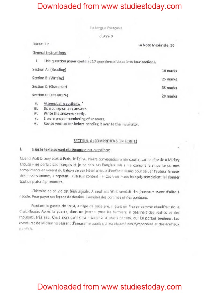 CBSE Class 10 French Sample Paper PDF | PDF