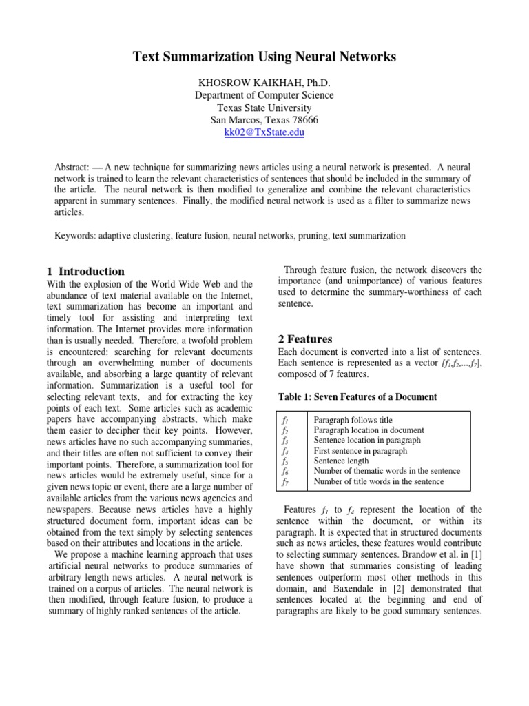 Text Summarization Using Neural Networks Pdf Artificial Neural Network Abstract Summary