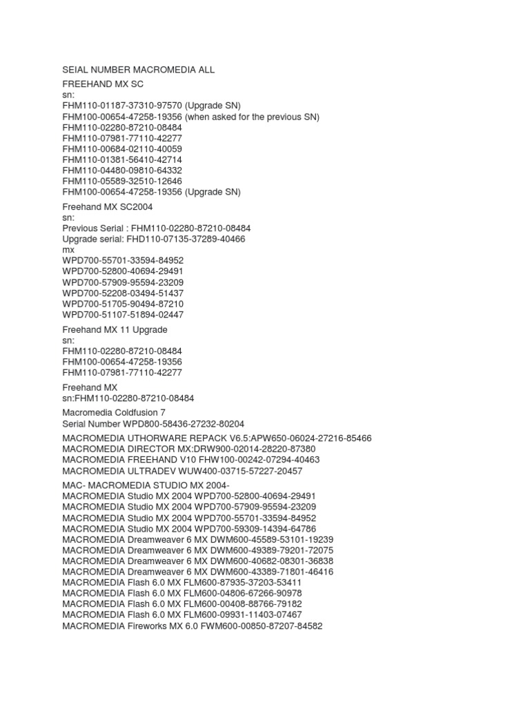 Macromedia serial numbers document | PDF | Editing Software | Software ...