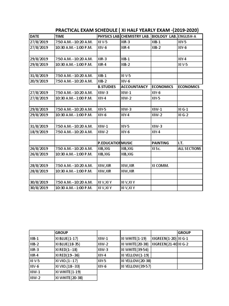 Practical Exam Schedule (Xi Half Yearly Exam - (2019-2020) : Date Time Physics Lab - Chemistry ...