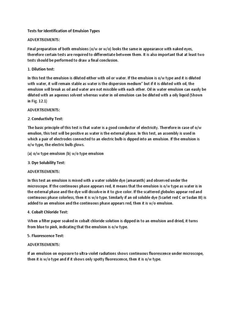 Emulsion Identification Tests Explained | PDF | Emulsion | Soft Matter