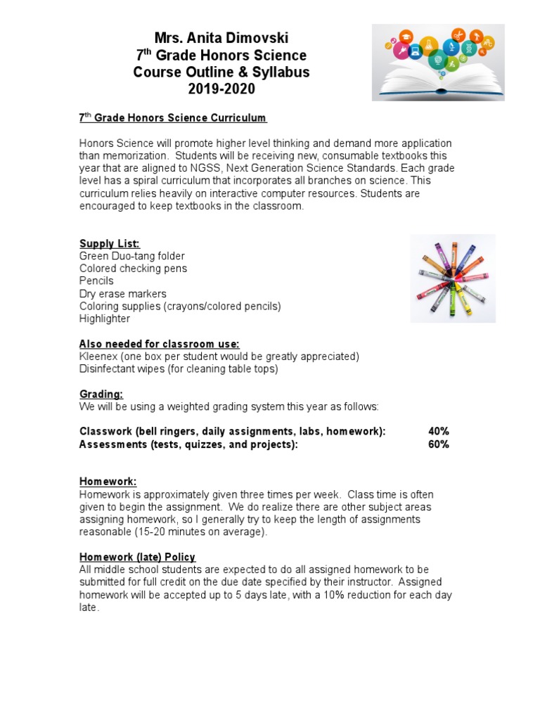 7th Grade Honors Science Syllabus 2019-2020 | PDF | Homework | Teaching