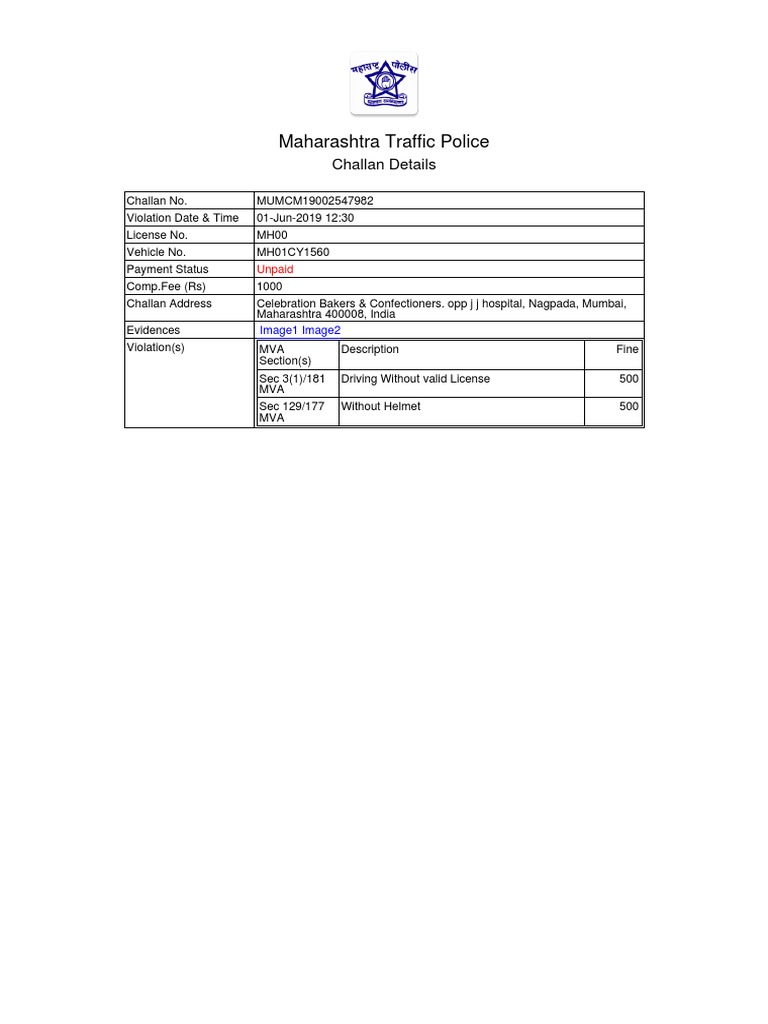 Maharashtra Traffic Police: Challan Details | PDF