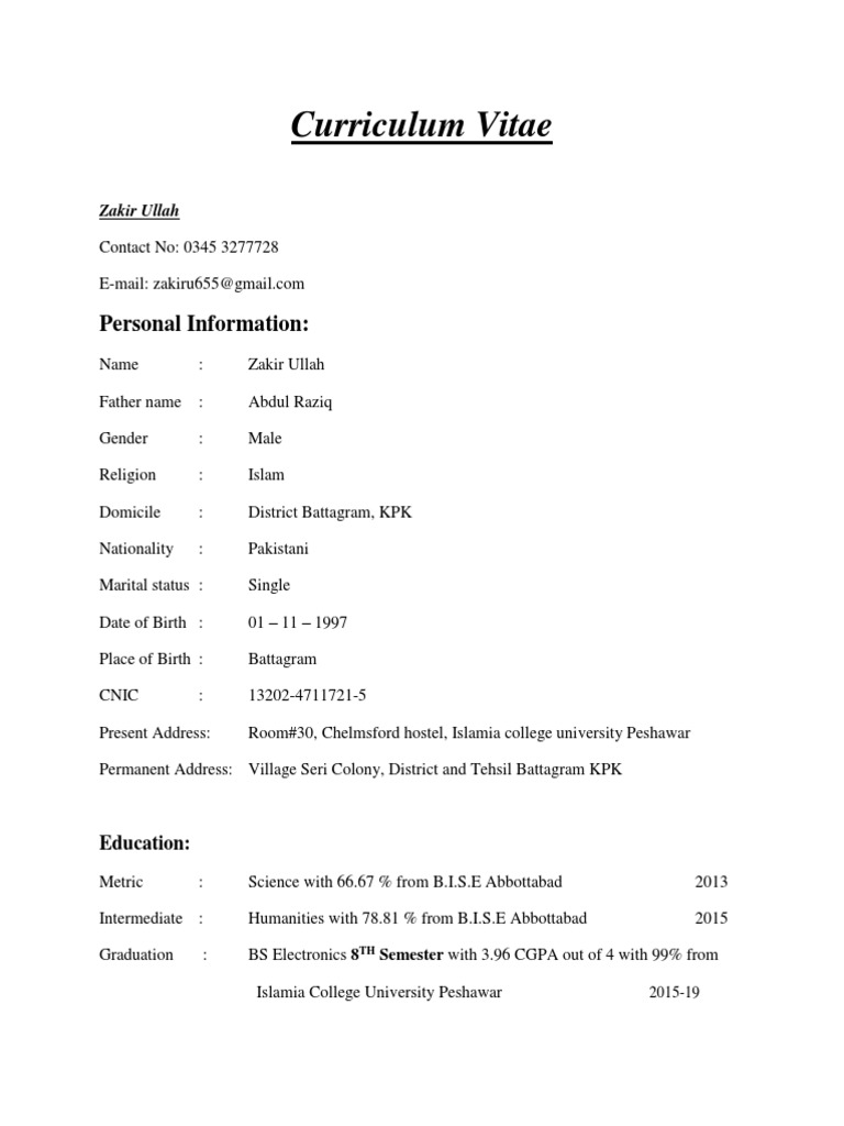 Zakir Ullah's Curriculum Vitae | PDF