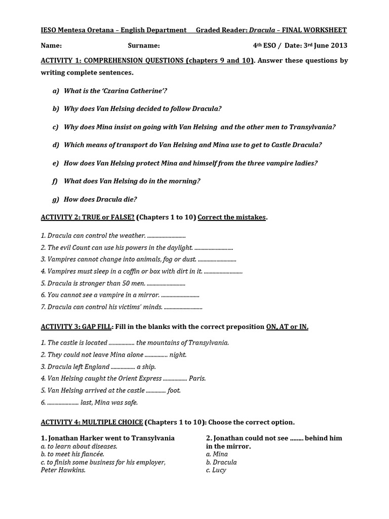 4th ESO Dracula Study Guide | PDF | Abraham Van Helsing | Count Dracula