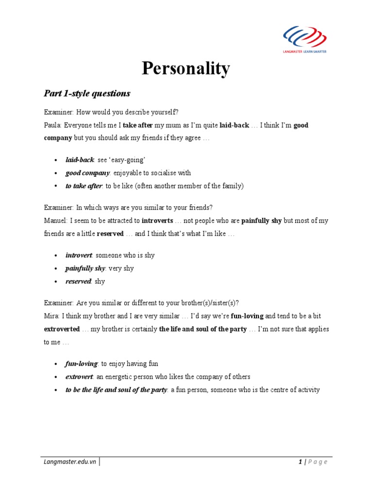 Personality: Part 1-Style Questions | PDF | Extraversion And ...
