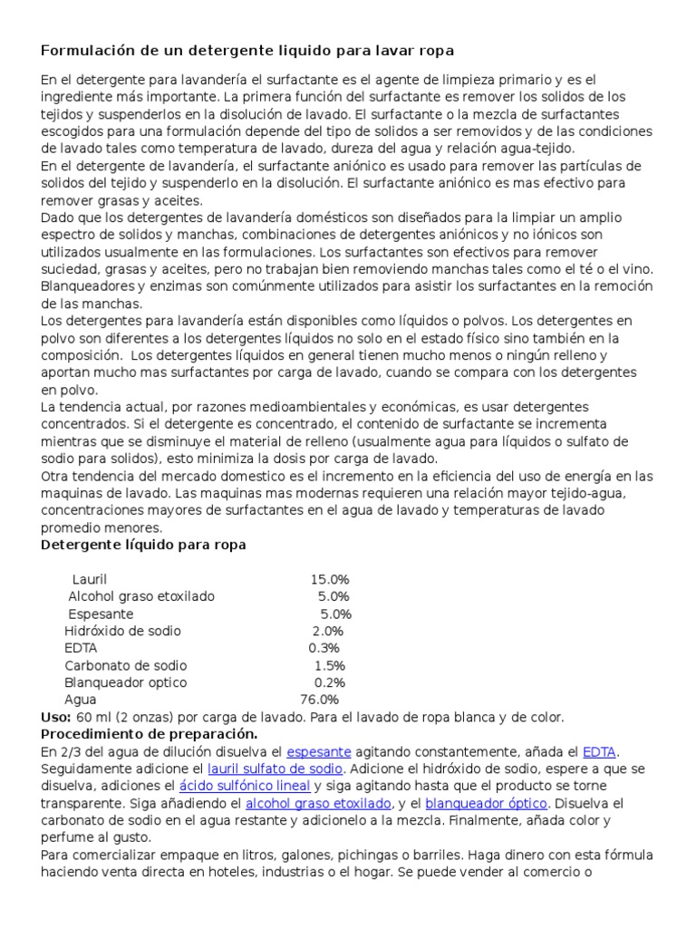 Formulacion de Un Detergente Liquido para Lavar Ropa | PDF | Detergente ...