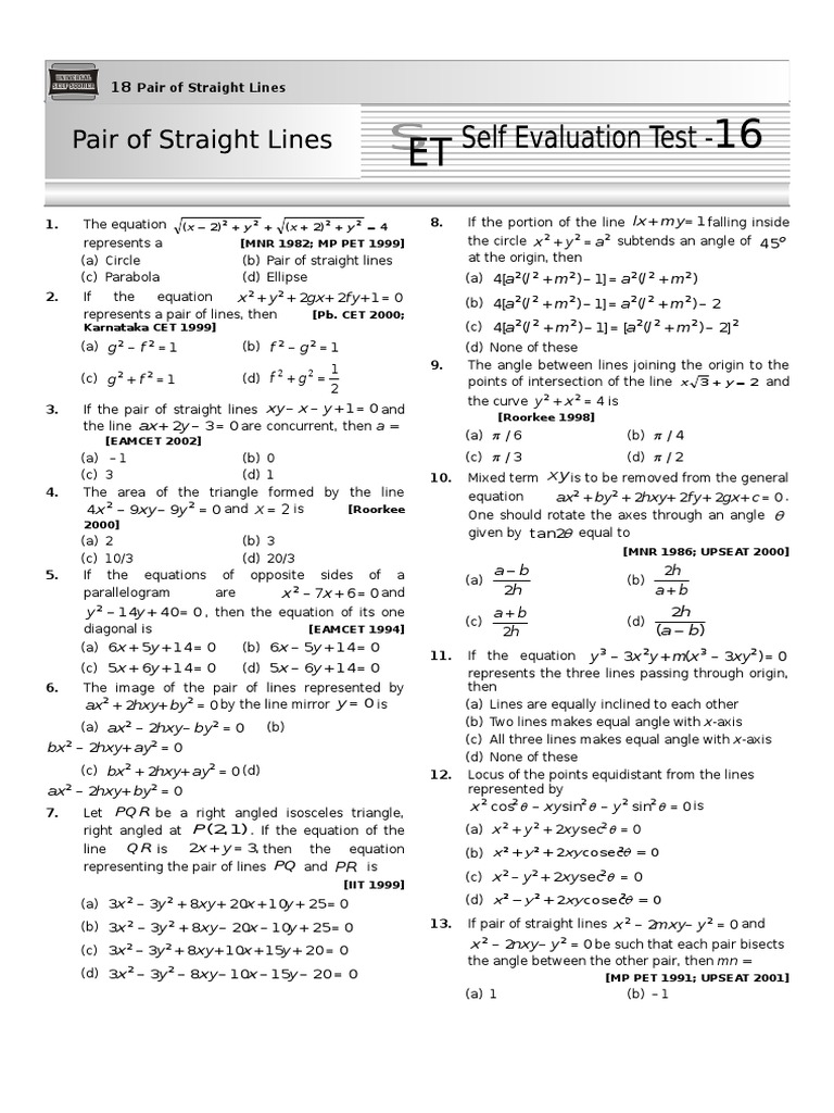 Self Evaluation Test-Pair of Straight Lines | PDF | Line (Geometry ...