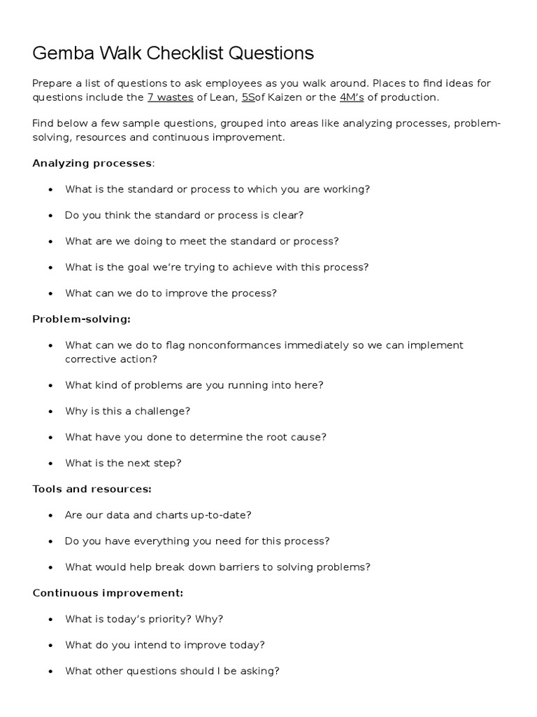 Gemba Walk Checklist Questions | PDF | Homework | Lean Manufacturing