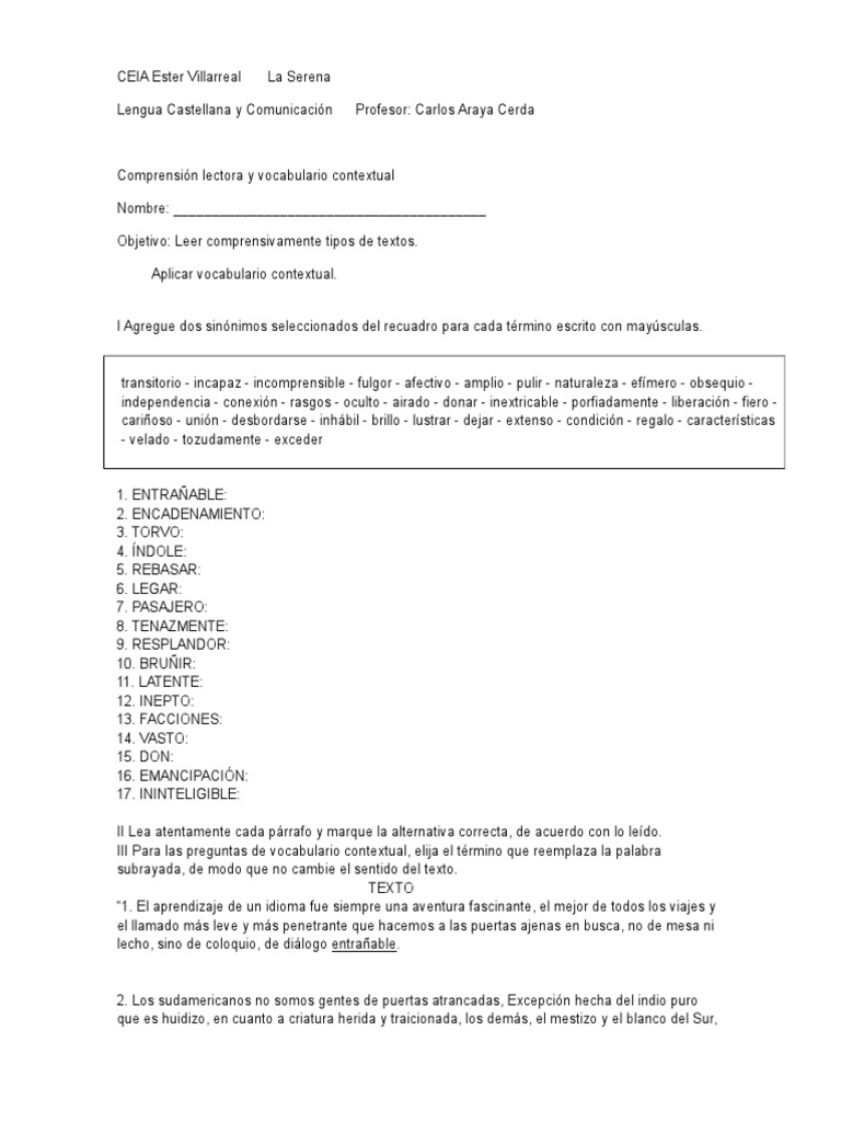 Comprensión Lectora y Vocabulario Contextual | PDF | Idiomas
