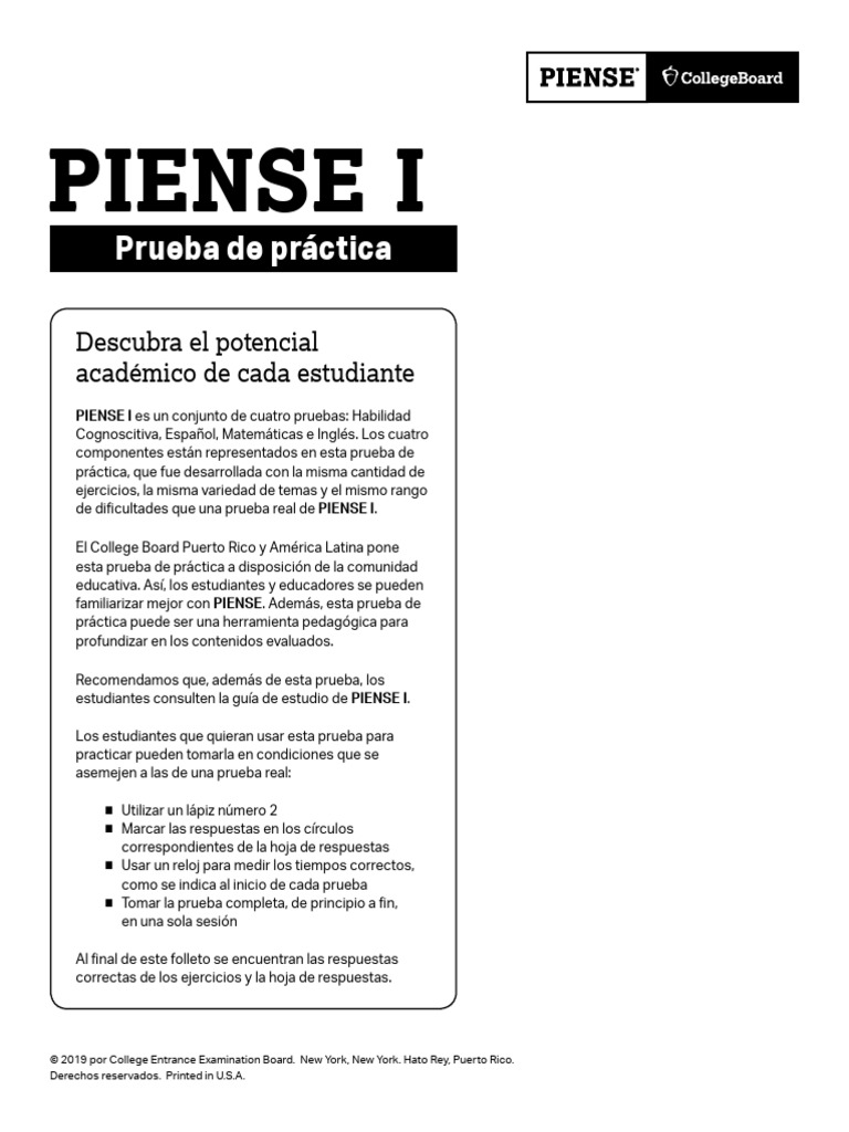 Prueba de Practica PIENSE I 2019 | PDF | Lengua española | Idioma en Inglés