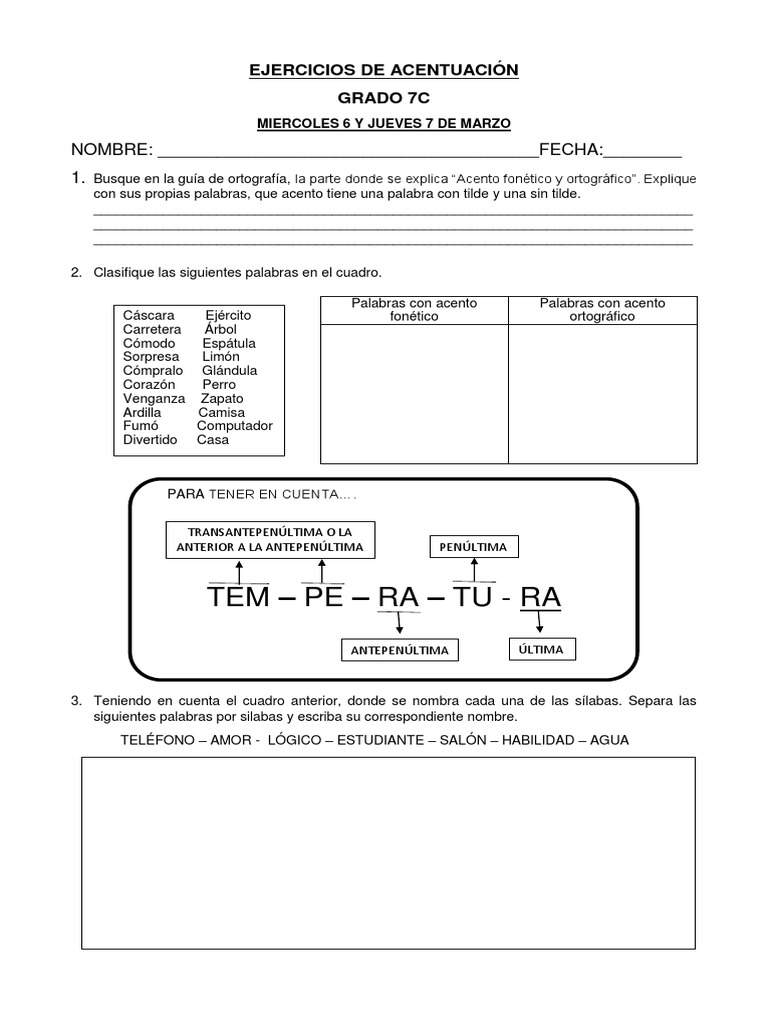 Ejercicios de Acentuación Grado 7C | PDF | Fonética | Morfología