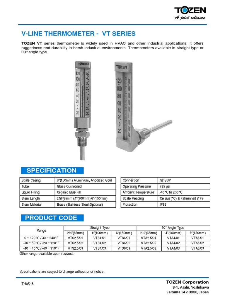 V-Line Thermometer (VT Series) TH0518 | PDF