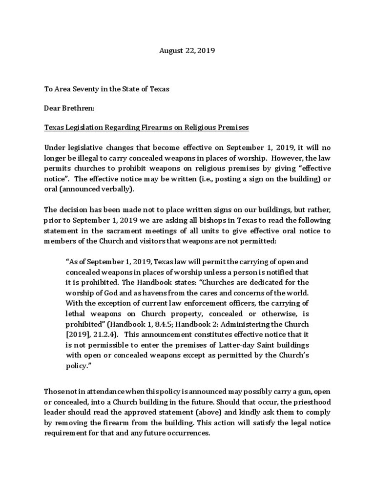 LDS Church Memo On Guns in Churches | PDF | Social Science | Law