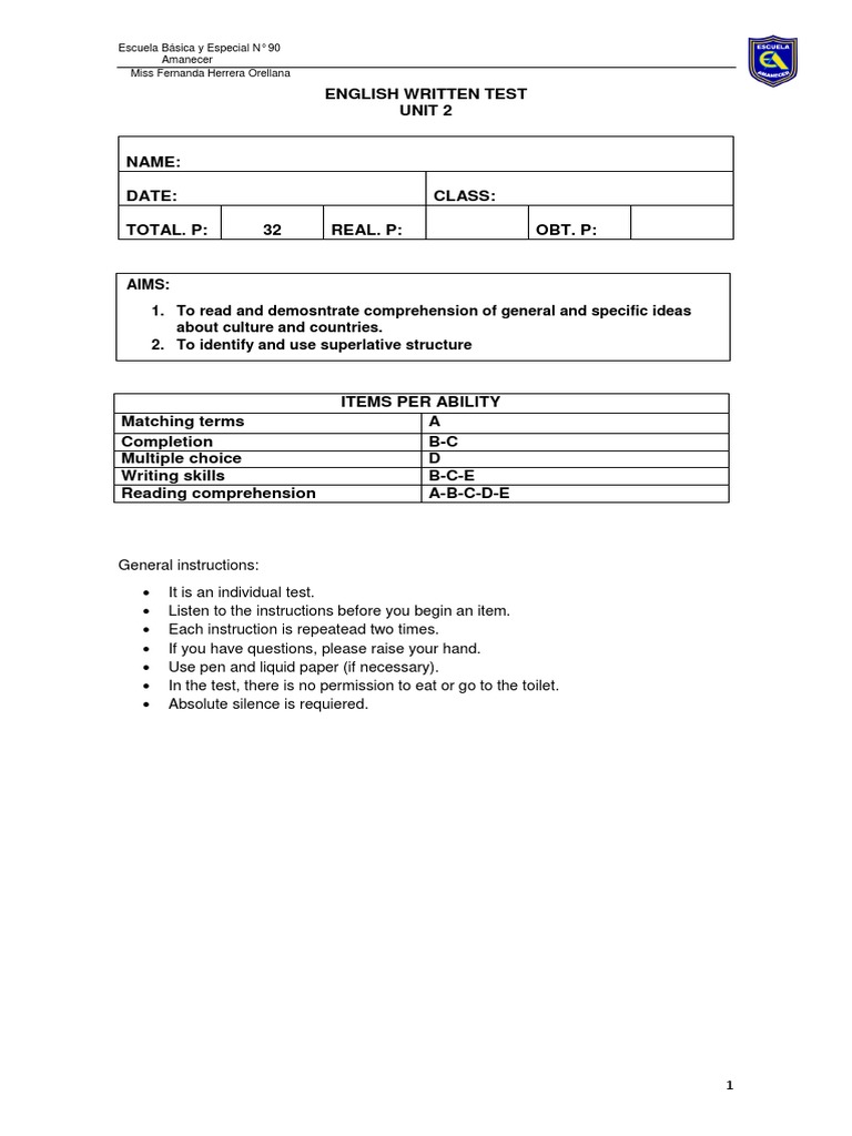 Feña - Written Test 8th SUPERLATIVES | PDF | Cognitive Science | Semiotics