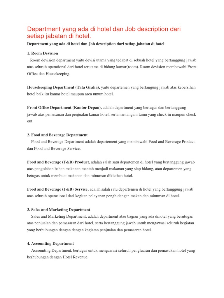 Job Description Bagian Di Hotel | PDF
