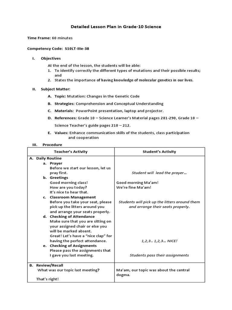 Detailed Lesson Plan in Grade-10 Science: of Having Knowledge of ...