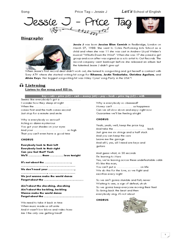 Price Tag Worksheet | PDF | Recorded Music | Pop Music
