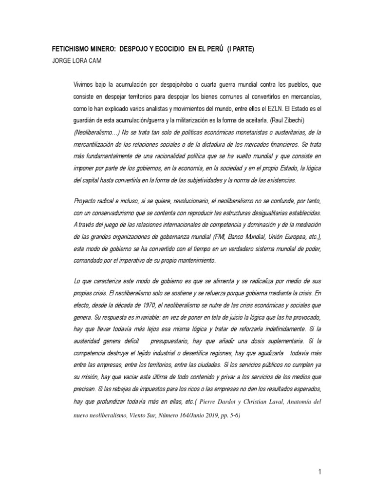 Final Fetichismo Minero, Jorge Lora Cam | PDF | Minería | Perú