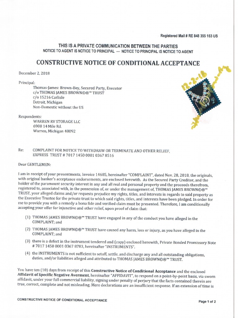 Re848355163us Constructive Notice of Conditional Acceptance Warren RV ...
